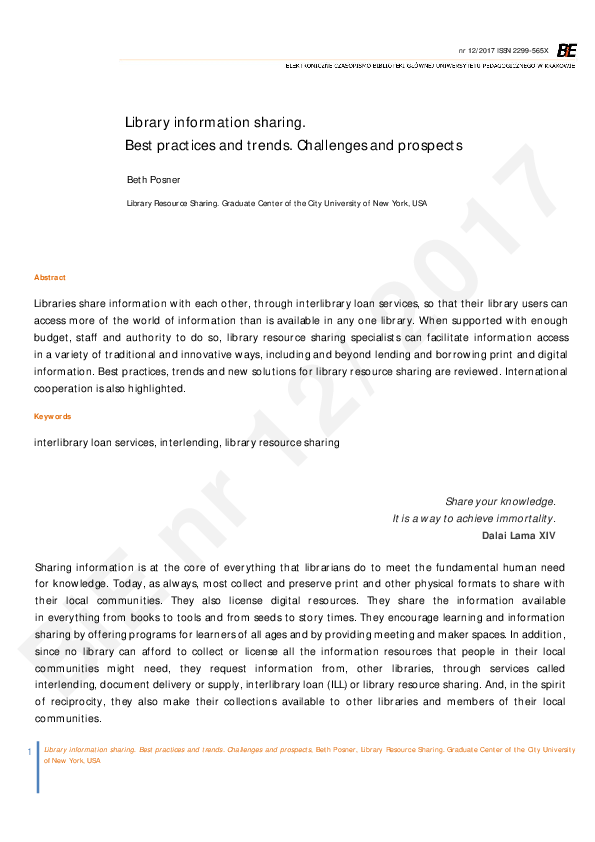 (PDF) Library information sharing. Best practices and trends. Challenges and prospects