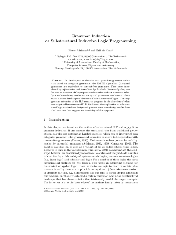 Pdf Grammar Induction As Substructural Inductive Logic Programming