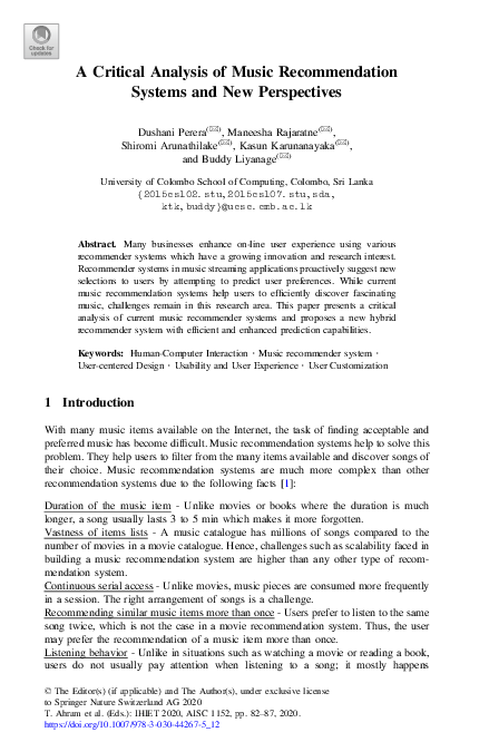 (PDF) A Critical Analysis of Music Recommendation Systems and New ...