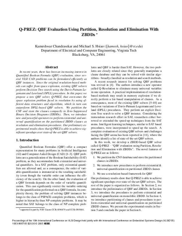(PDF) Q-PREZ: QBF evaluation using partition, resolution and elimination with ZBDDs