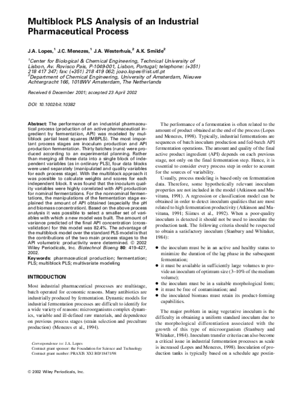 (PDF) Multiblock PLS analysis of an industrial pharmaceutical process