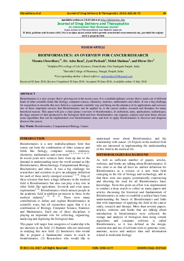 (PDF) Bioinformatics: an overview for cancer research