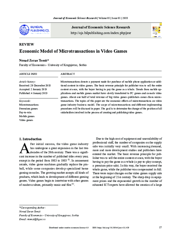 (PDF) economic Model of Microtransactions in video Games