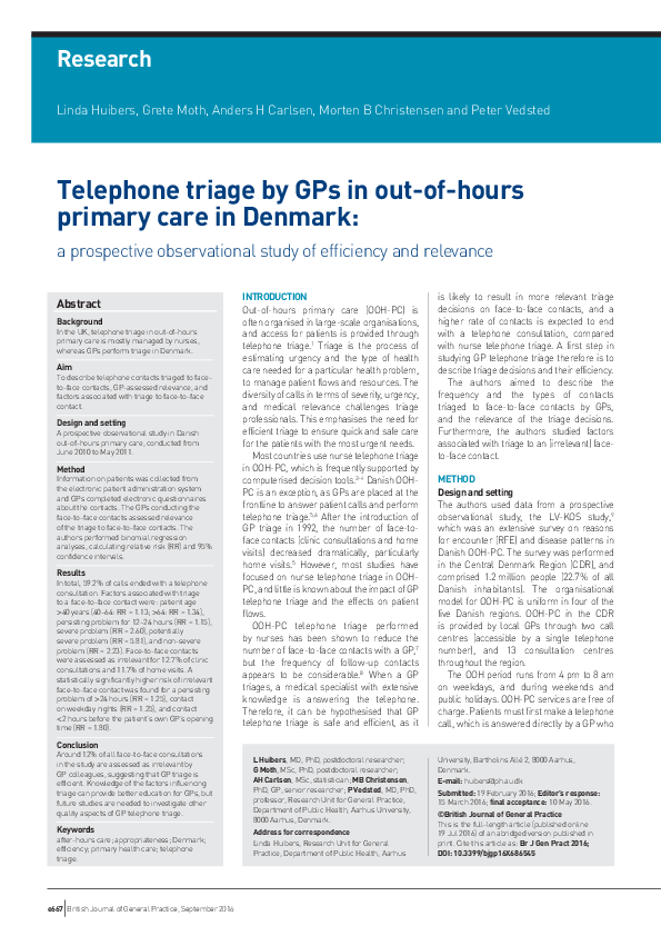 (PDF) Telephone triage by GPs in out-of-hours primary care in Denmark ...