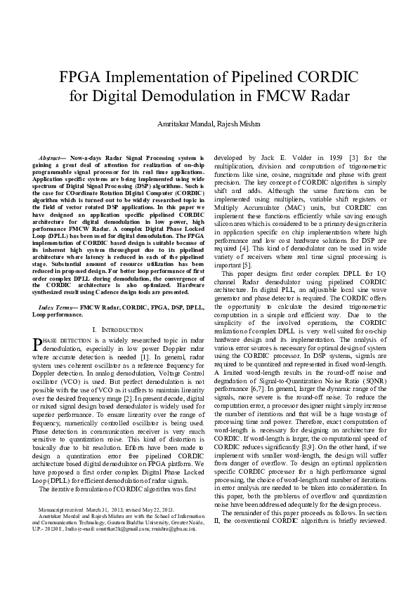 Pdf Fpga Implementation Of Pipelined Cordic For Digital Demodulation In Fmcw Radar