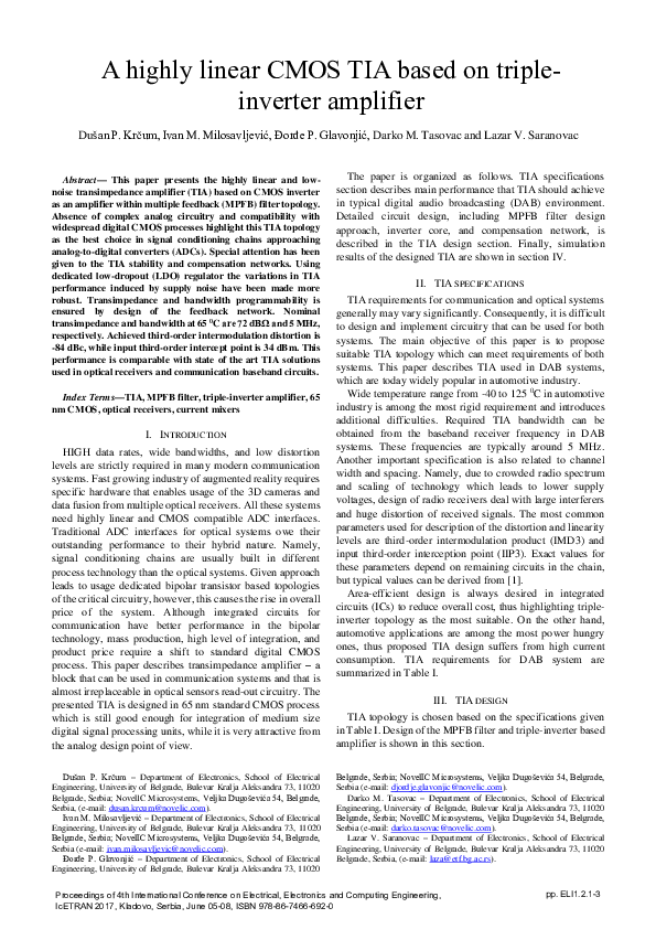 (PDF) A highly linear CMOS TIA based on triple-inverter amplifier