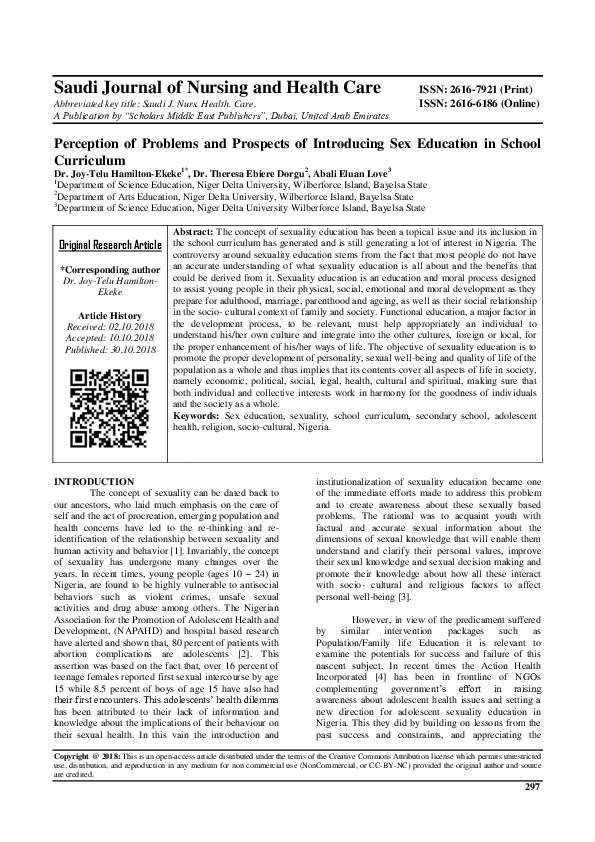 Pdf Perception Of Problems And Prospects Of Introducing Sex Education