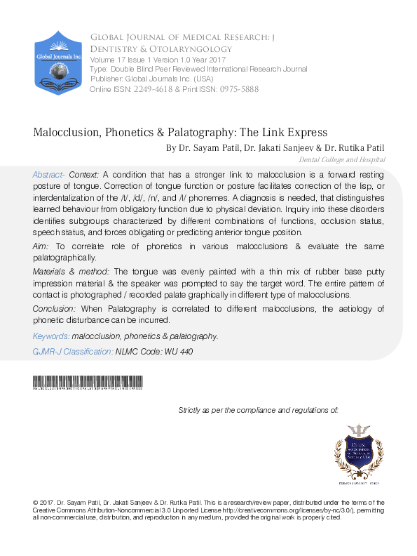 (PDF) Malocclusion, Phonetics & Palatography: The Link Express