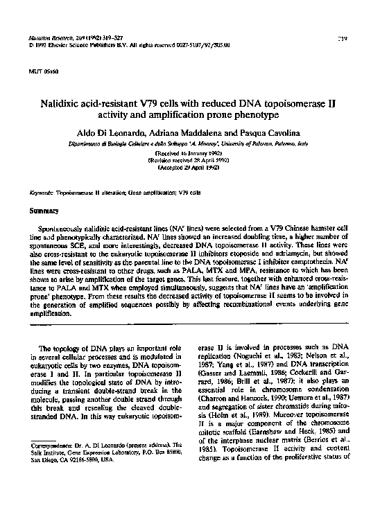(PDF) Nalidixic acid-resistant V79 cells with reduced DNA topoisomerase II activity and ...