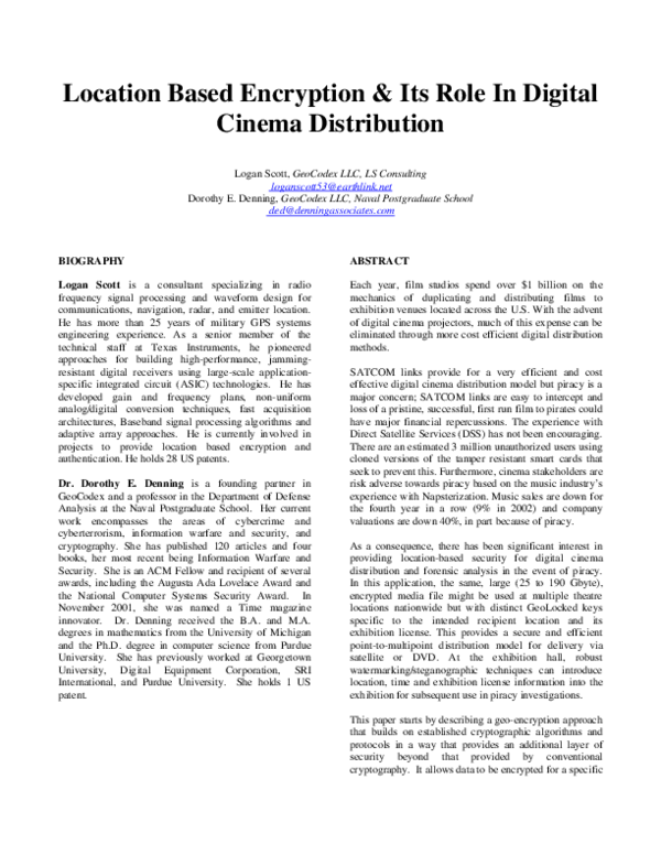 Pdf Location Based Encryption And Its Role In Digital Cinema Distribution