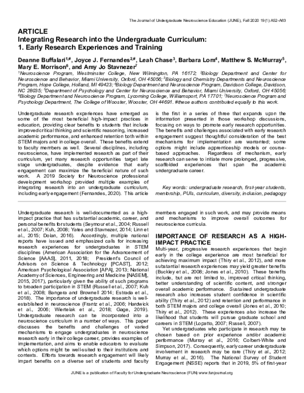 (PDF) Integrating Research into the Undergraduate Curriculum: 1. Early ...