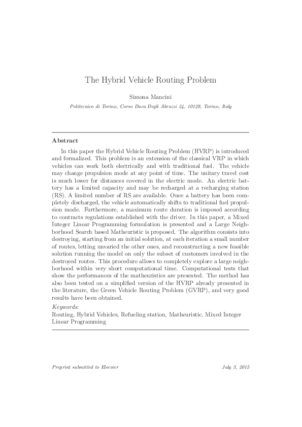 (PDF) The Hybrid Vehicle Routing Problem