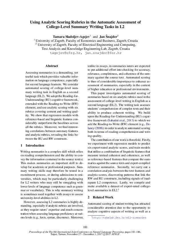 (PDF) Using Analytic Scoring Rubrics in the Automatic Assessment of College-Level Summary ...