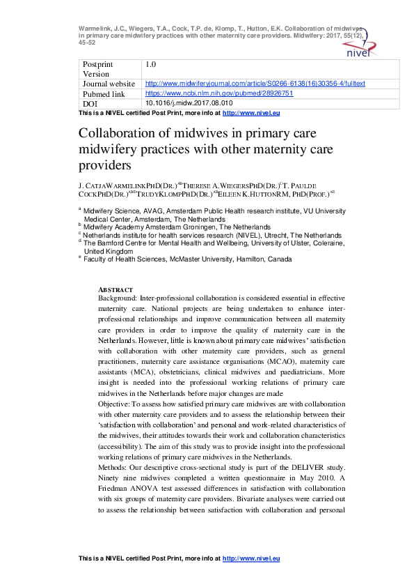 (PDF) Collaboration of midwives in primary care midwifery practices ...