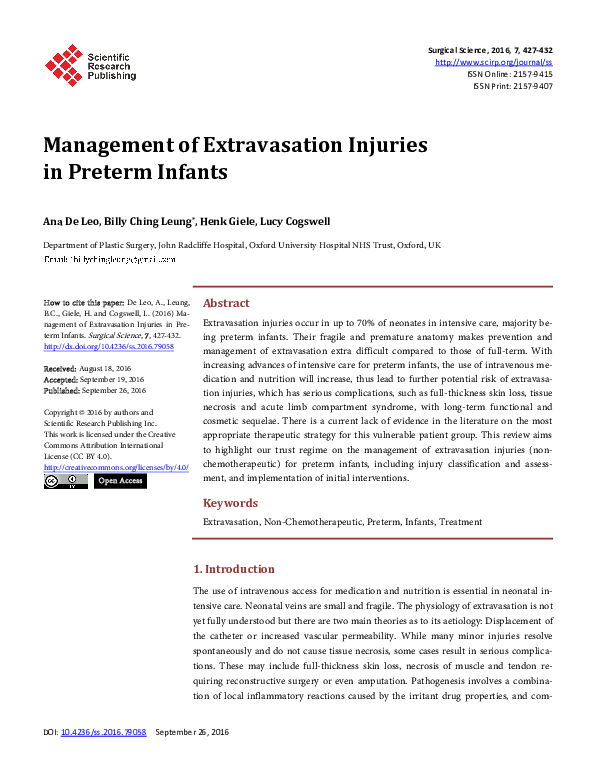 (PDF) Management of Extravasation Injuries in Preterm Infants