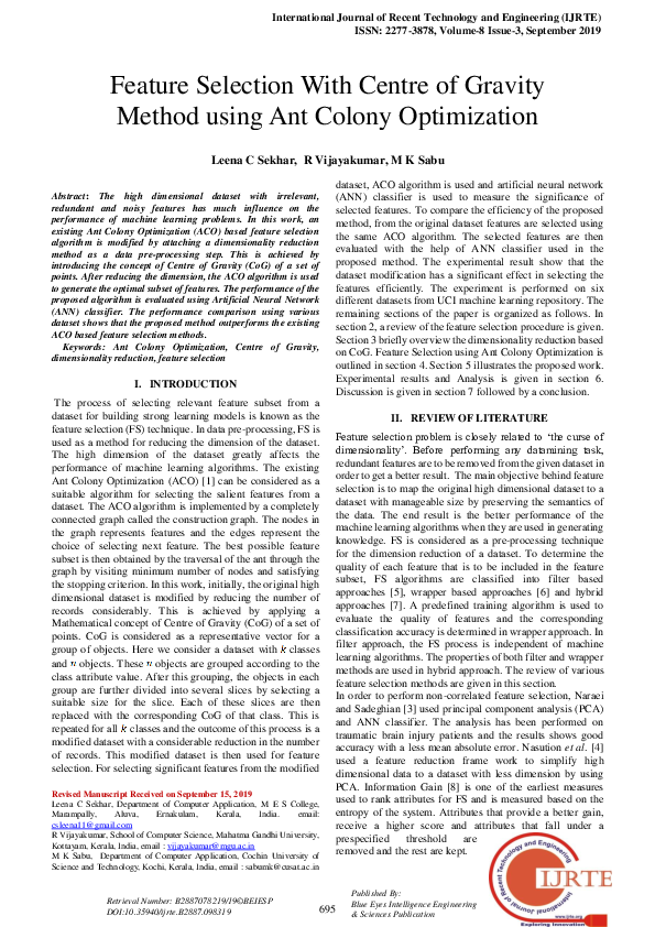 (PDF) Feature Selection with Centre of Gravity Method using Ant Colony Optimization