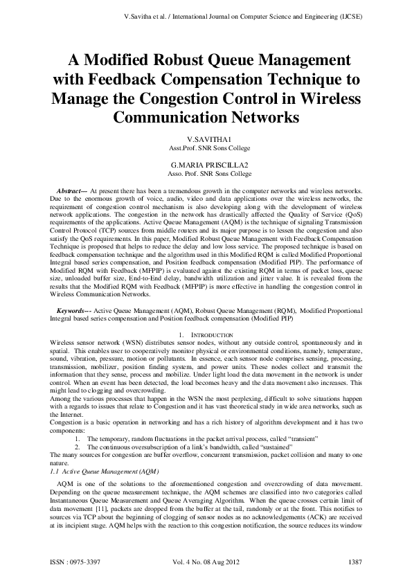 (PDF) A Modified Robust Queue Management with Feedback Compensation Technique to Manage the ...