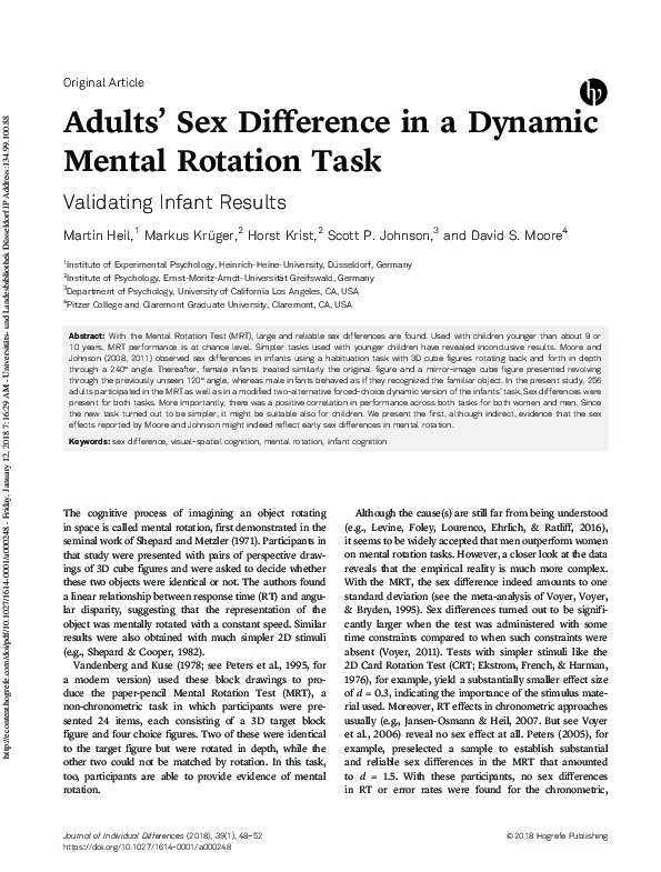 Pdf Adults Sex Difference In A Dynamic Mental Rotation Task Horst