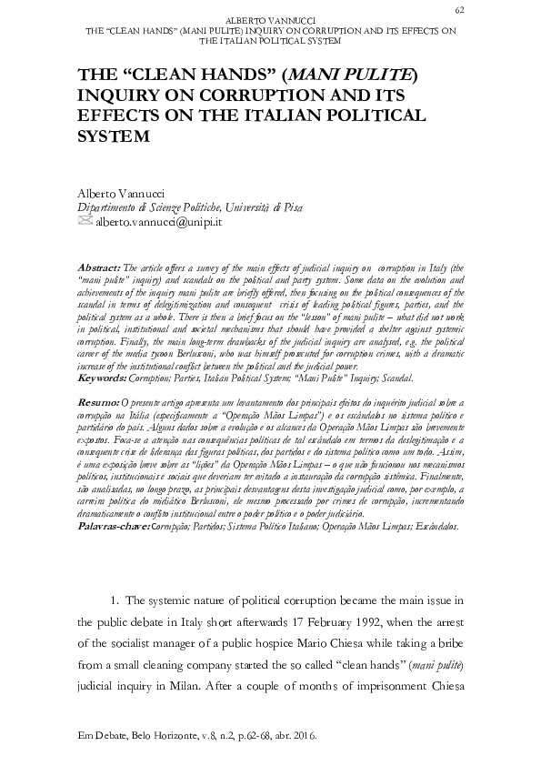 (PDF) The "clean hands" (mani pulite) inquiry on corruption and its ...