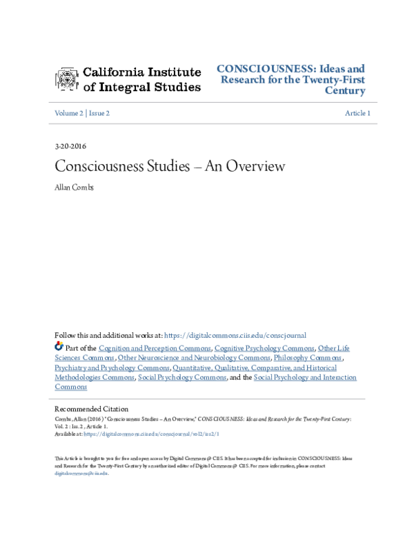 (PDF) Consciousness Studies – An Overview