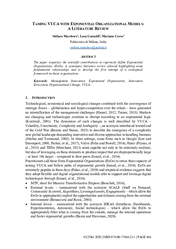 (PDF) Taming Vuca with Exponential Organizational Models: A Literature Review