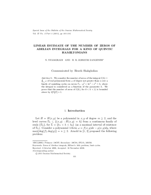 (PDF) Linear Estimate of the Number of Zeros of Abelian Integrals for a ...