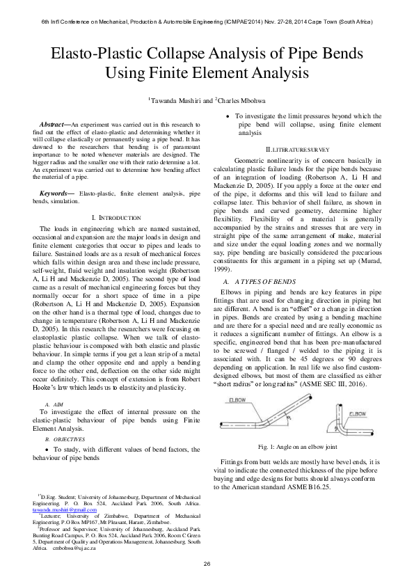 Pdf Elasto Plastic Collapse Analysis Of Pipe Bends Using Finite Element Analysis 
