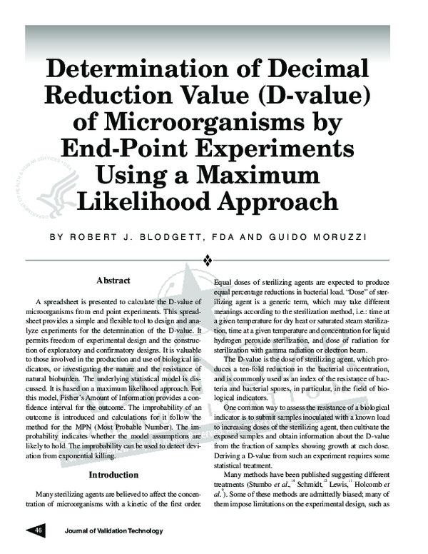 (PDF) Determination of decimal reduction value (D-value) of ...