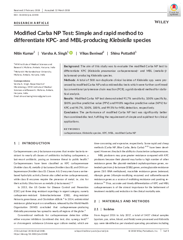 (PDF) Modified Carba NP Test: Simple and rapid method to differentiate ...