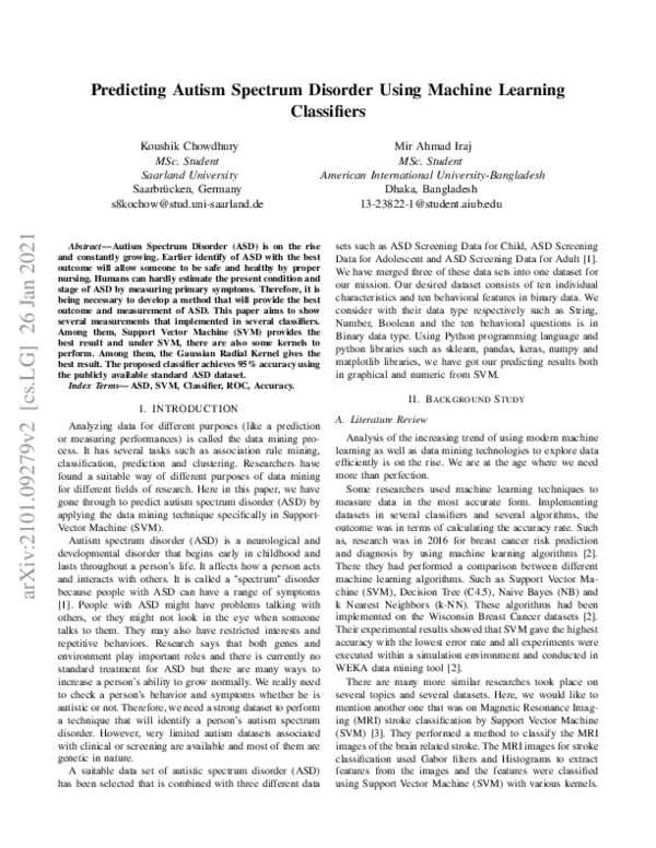 Pdf Predicting Autism Spectrum Disorder Using Machine Learning Classifiers