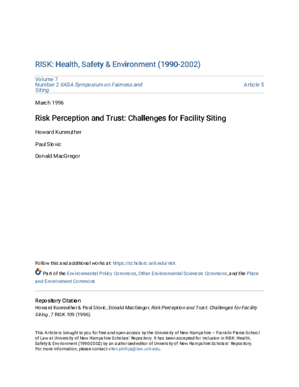 (PDF) Risk perception and trust: Challenges for facility siting