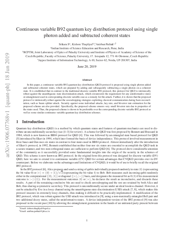 Pdf Continuous Variable B92 Quantum Key Distribution Protocol Using