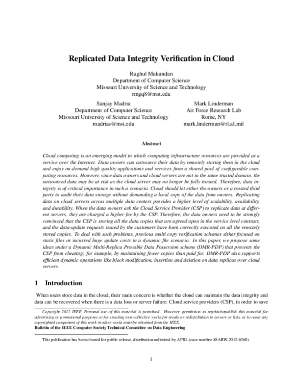 (PDF) Replicated Data Integrity Verification in Cloud