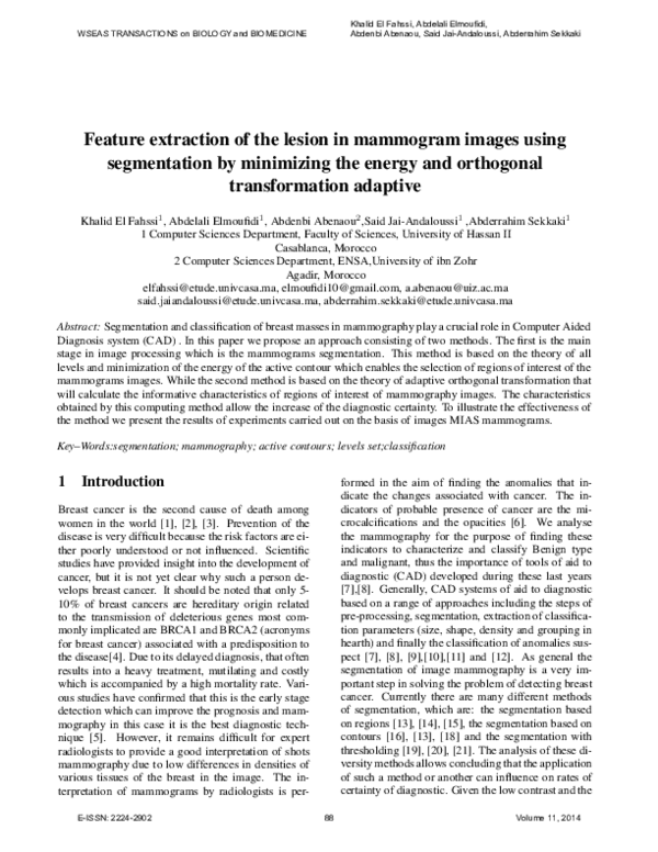 Pdf Feature Extraction Of The Lesion In Mammogram Images Using