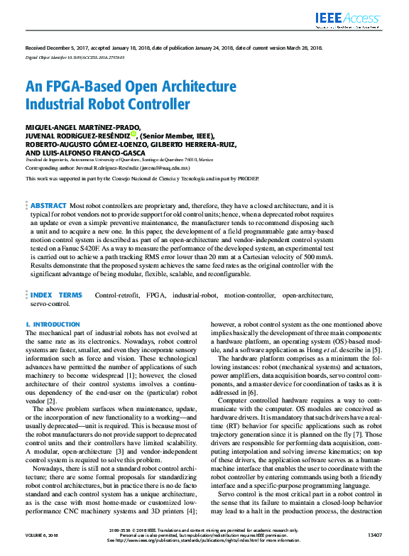 Pdf An Fpga Based Open Architecture Industrial Robot Controller 9951