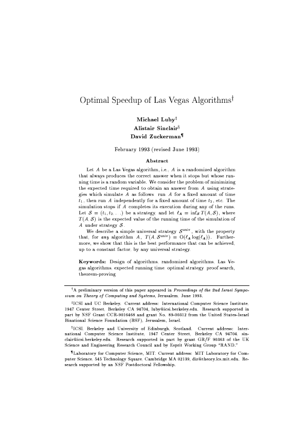 (PDF) Optimal Speedup of Las Vegas Algorithms y