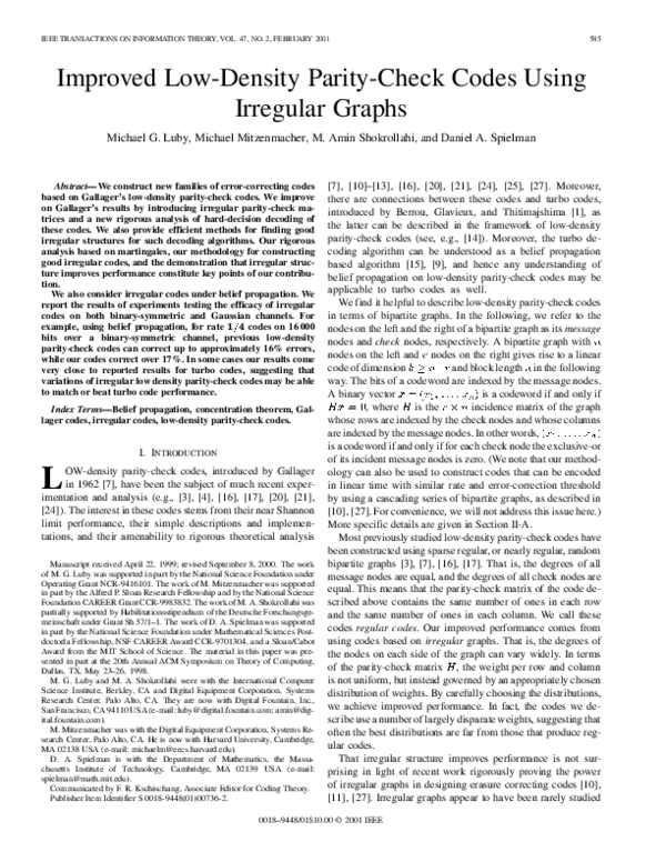 Pdf Improved Low Density Parity Check Codes Using Irregular Graphs