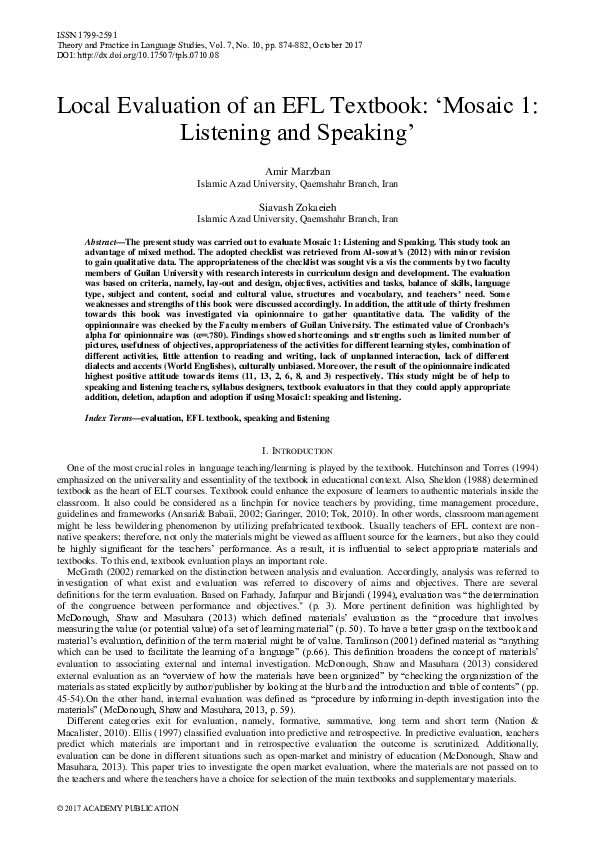 (PDF) Local Evaluation of an EFL Textbook: ‘Mosaic 1: Listening and ...