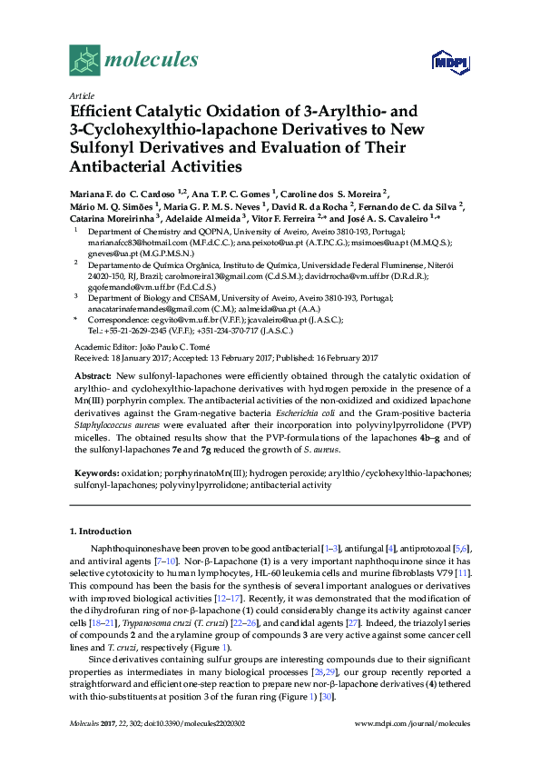 (PDF) Efficient Catalytic Oxidation of 3-Arylthio- and 3-Cyclohexylthio-lapachone Derivatives to ...