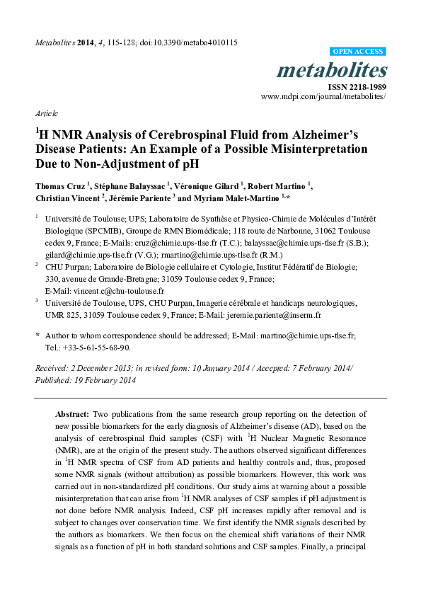(PDF) Article 1H NMR Analysis of Cerebrospinal Fluid from Alzheimer’s ...