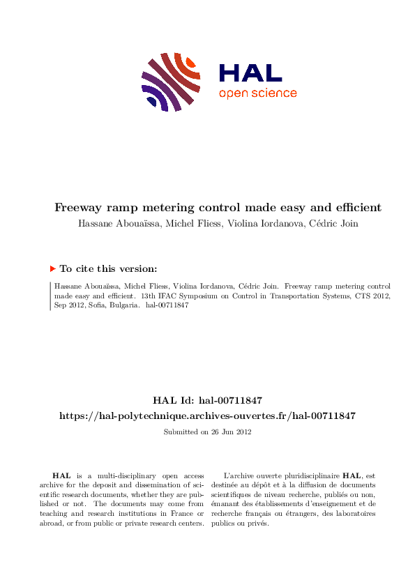 (PDF) Freeway Ramp Metering Control Made Easy and Efficient