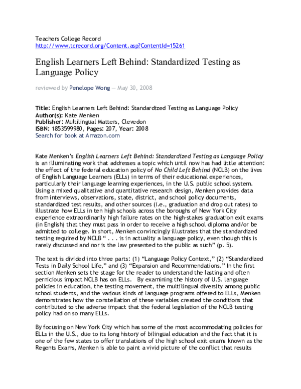 (PDF) English learners left behind: Standardized testing as language policy