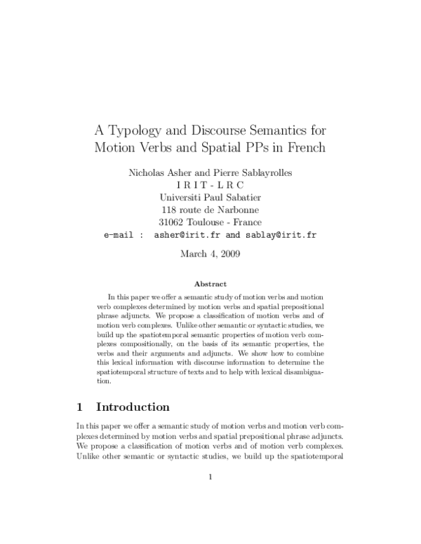 (PDF) A Typology and Discourse Semantics for Motion Verbs and Spatial PPs in French