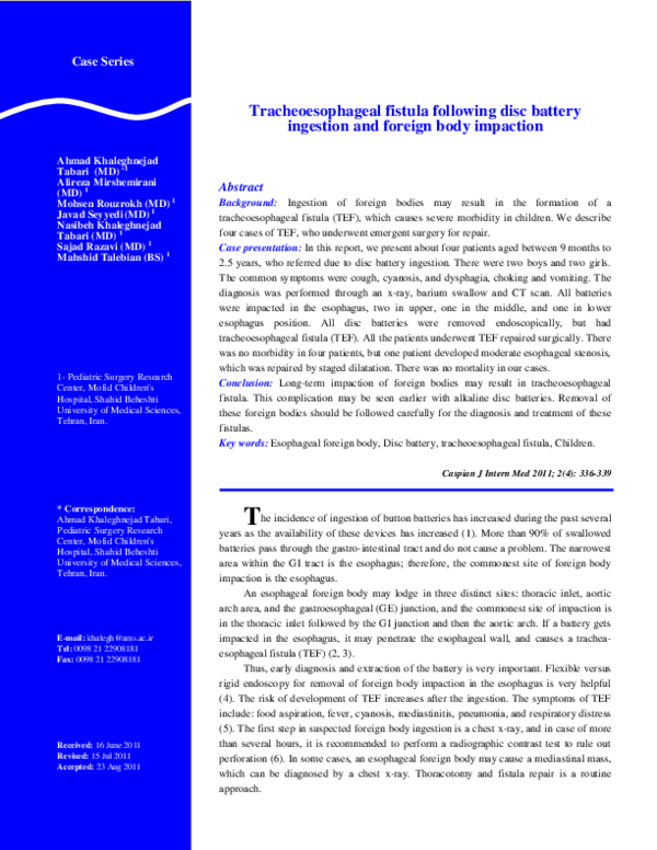 (PDF) Tracheoesophageal fistula following disc battery ingestion and ...