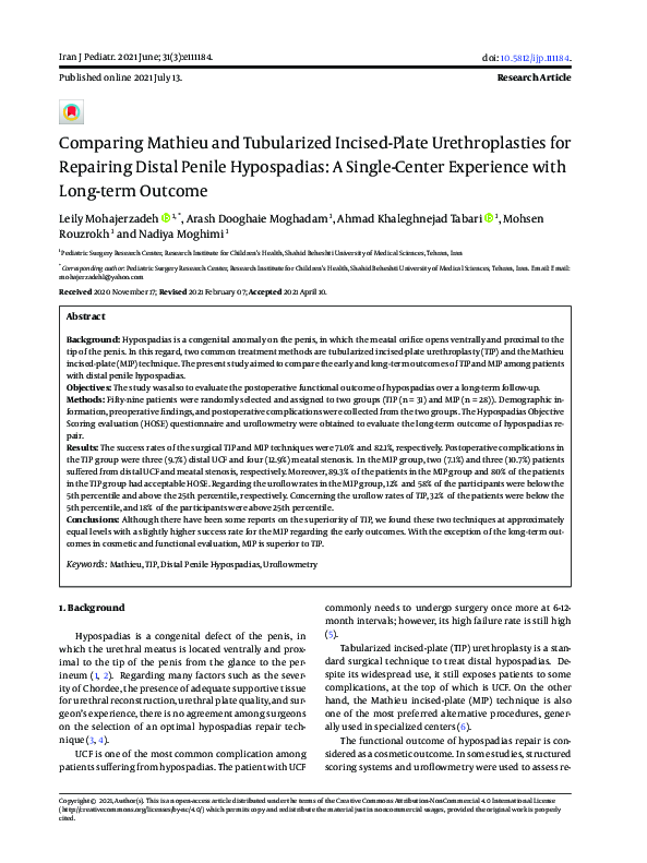 (PDF) Comparing Mathieu and Tubularized Incised-Plate Urethroplasties ...