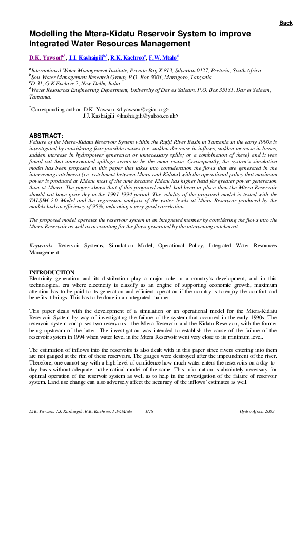 (PDF) Modelling the Mtera-Kidatu reservoir system to improve integrated ...
