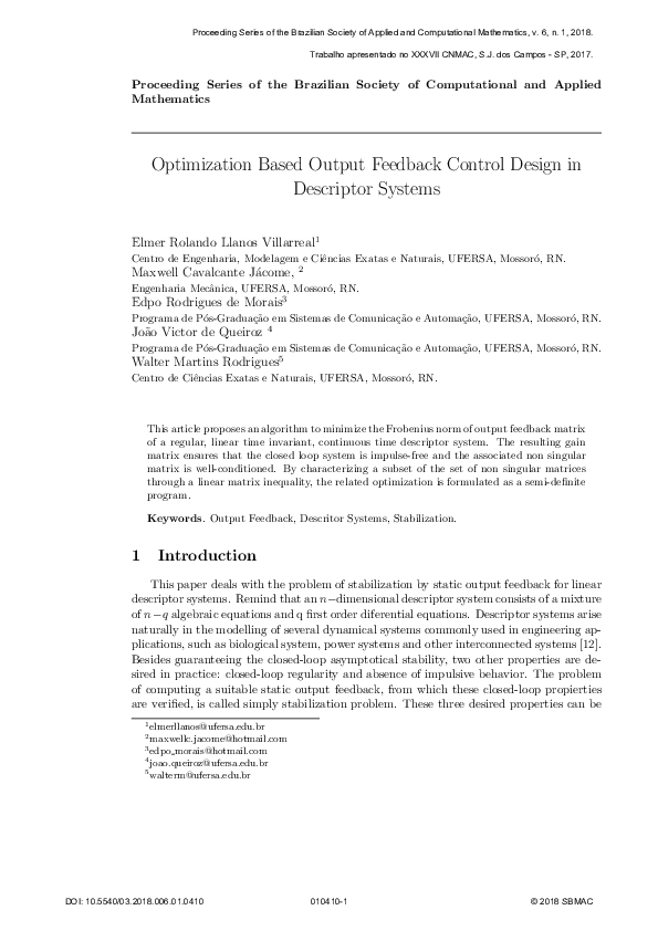 (PDF) Optimization Based Output Feedback Control Design in Descriptor Systems