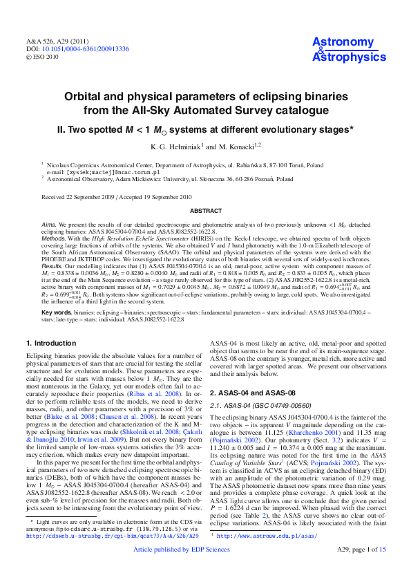 (PDF) Orbital and physical parameters of eclipsing binaries from the All-Sky Automated Survey ...