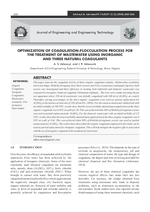 (PDF) Optimization of Coagulation-Flocculation Process for the Treatment of Wastewater Using ...