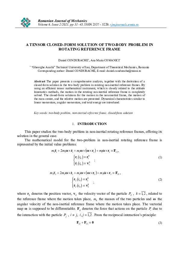 (PDF) A TENSOR CLOSED-FORM SOLUTION OF TWO-BODY PROBLEM IN ROTATING ...